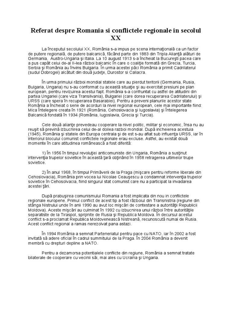 Referat Despre Romania Si Conflictele Regionale in Secolul XX | PDF