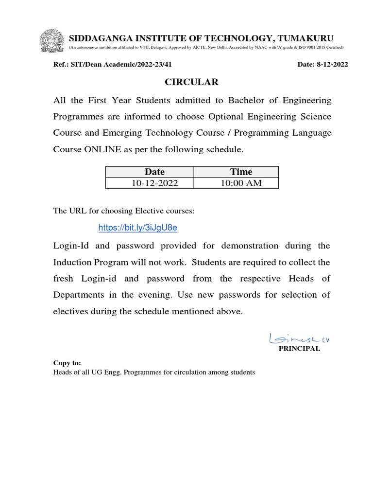Circular - 1st Sem Courses Selection | PDF