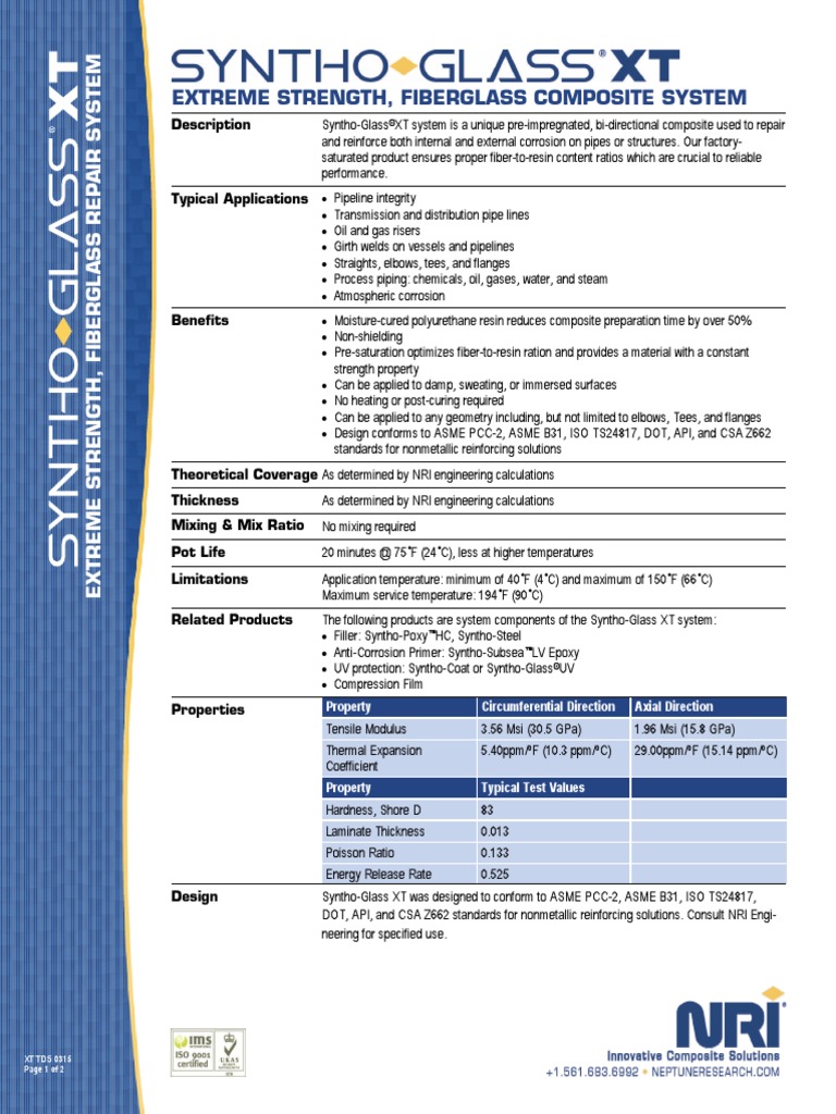 Syntho-Glass XT TDS (JK R15 0315) English | PDF | Pipe (Fluid Conveyance) | Composite Material
