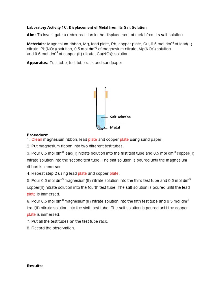 Displacement Reactions of Metals in Salt Solutions | PDF | Redox ...
