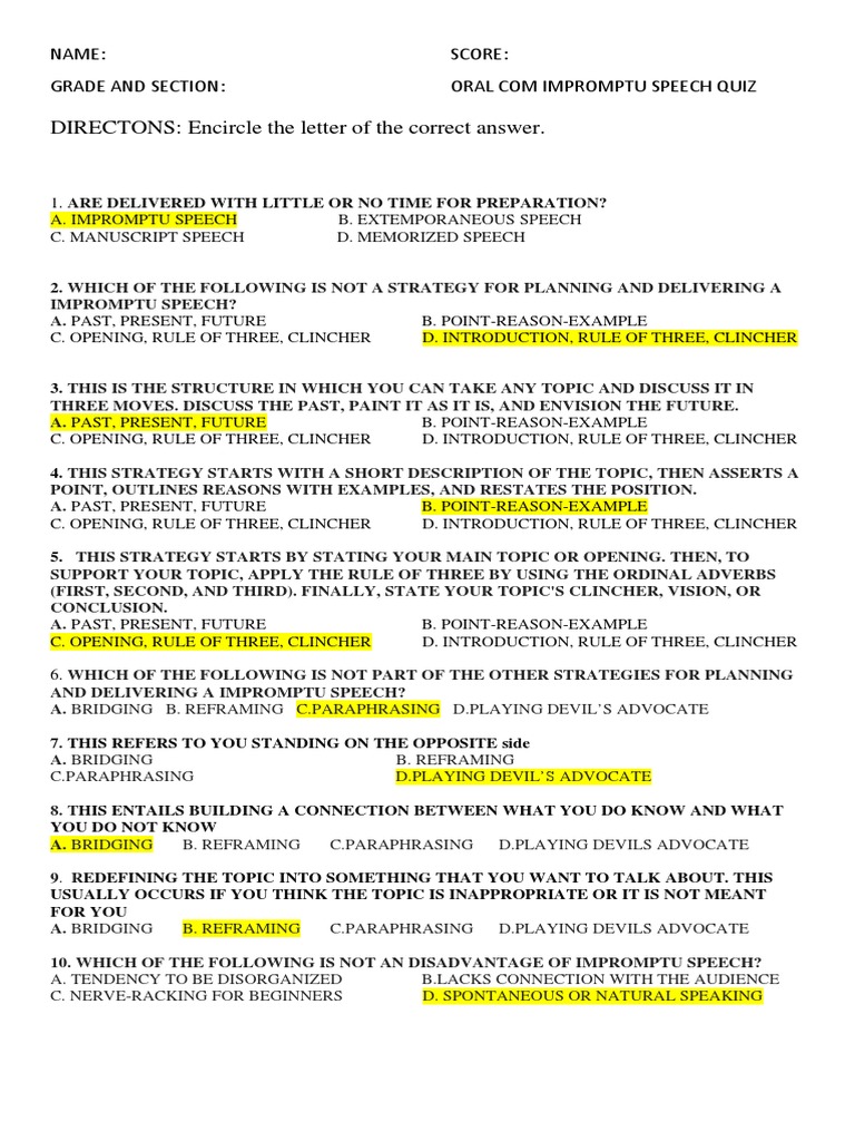 Group 2 Impromptu Speech Quiz With Answer | PDF