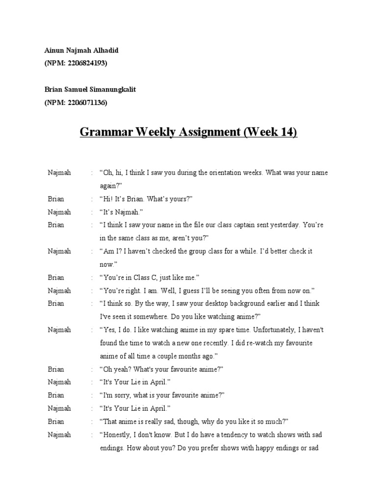 Grammar Weekly Assignment (Week 14) | PDF
