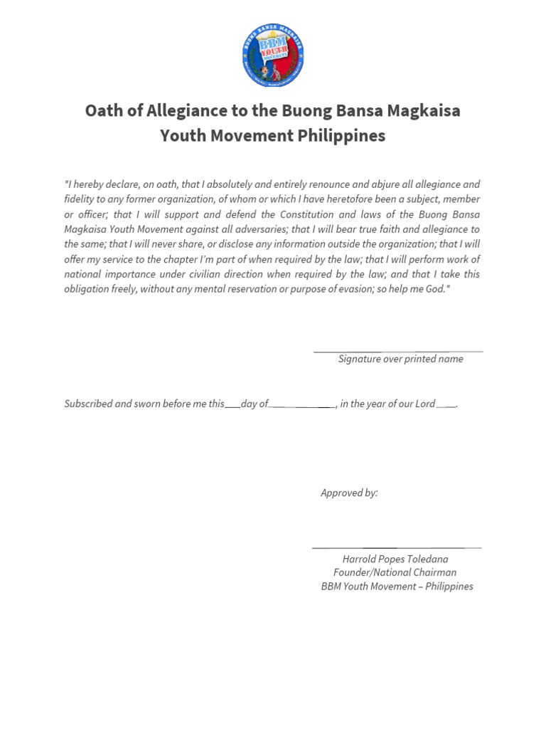 Oath of Allegiance To The Buong Bansa Magkaisa Youth Movement Philippines | PDF