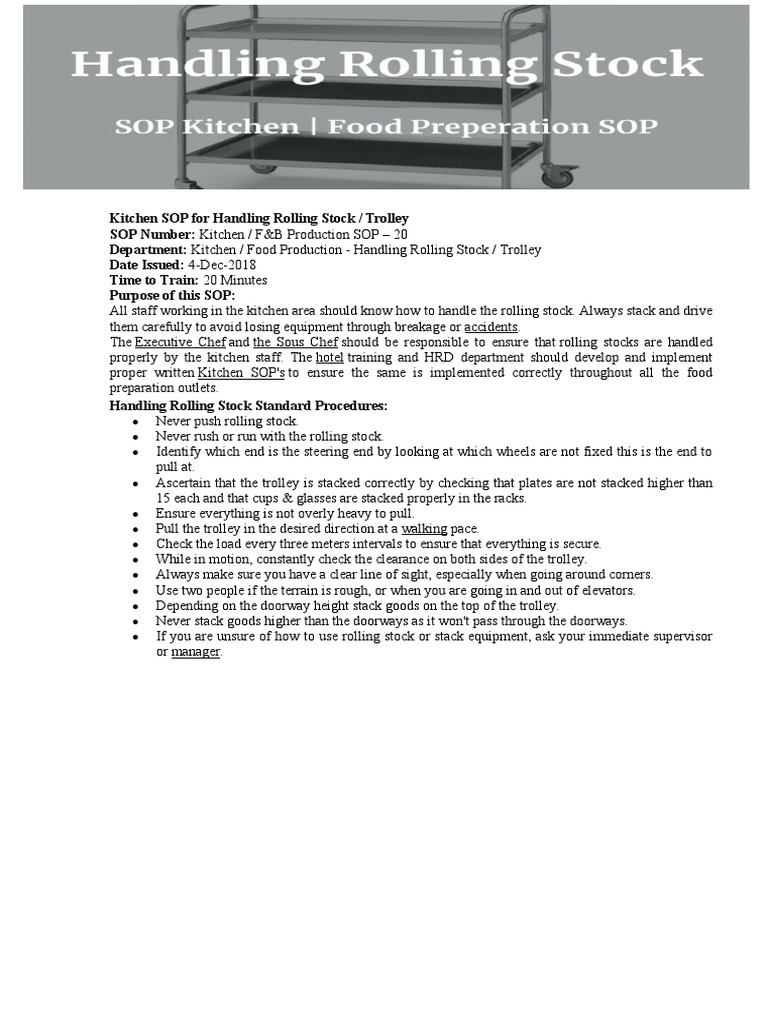 Kitchen SOP For Handling Rolling Stock Trolley | PDF