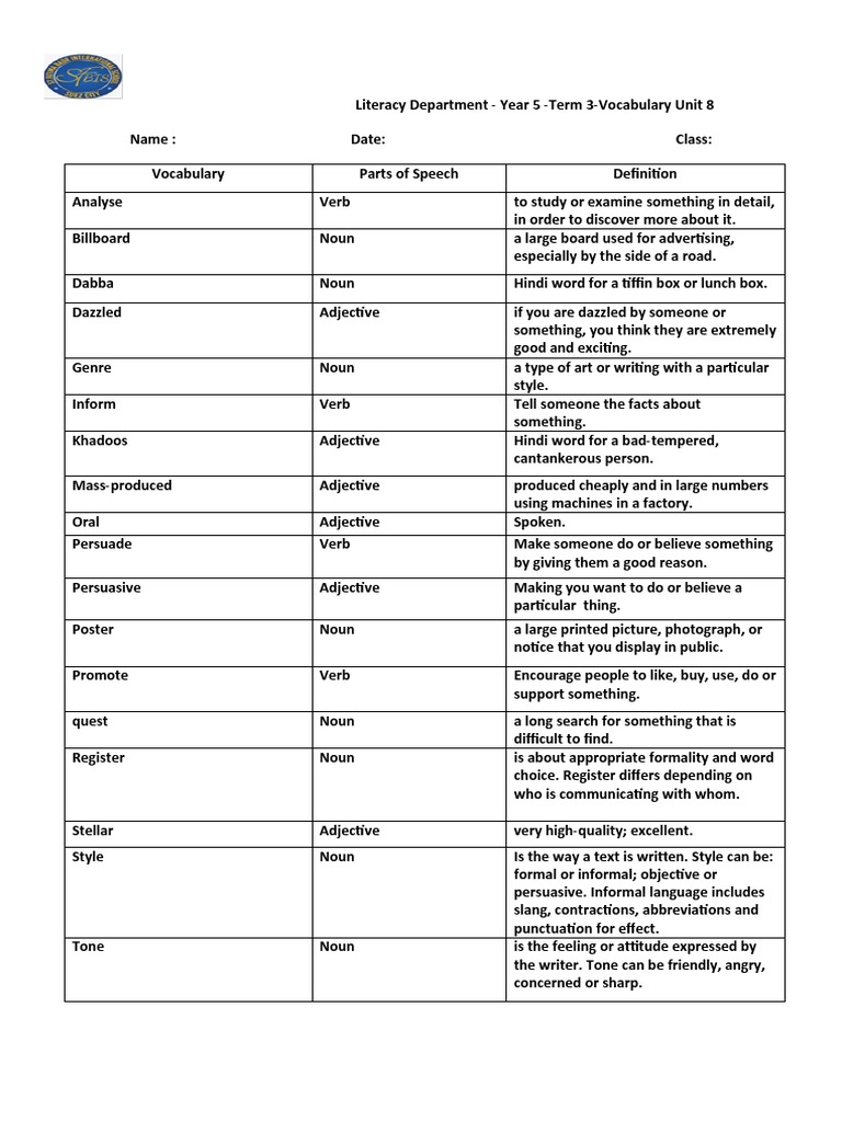 Vocabulary Unit 8 | PDF | Noun | Adjective