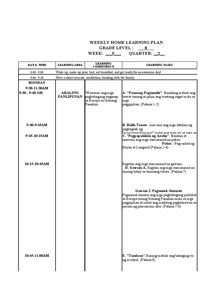 Weekly Home Learning Plan Ap8 Q2 Week 5 | PDF