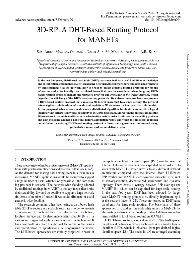 3D-RP A DHT-Based Routing Protocol For MANETs | PDF | Wireless Ad Hoc Network | Peer To Peer