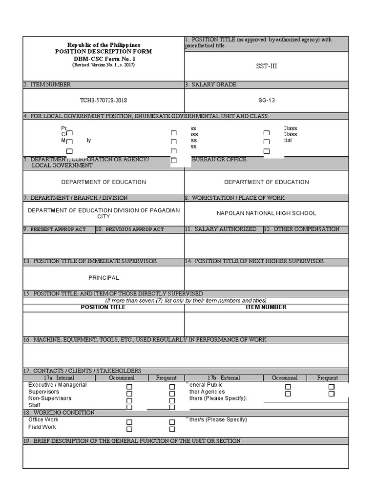 Position Description Form DBM CSC Form No. 1 Revised 2017 | PDF | Labor ...