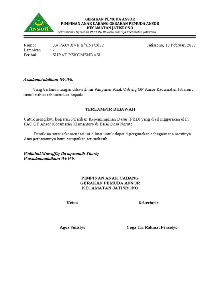 Surat Rekomendasi Pac Ansor | PDF