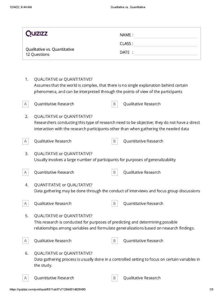 Qualitative vs. Quantitative Quiz | PDF