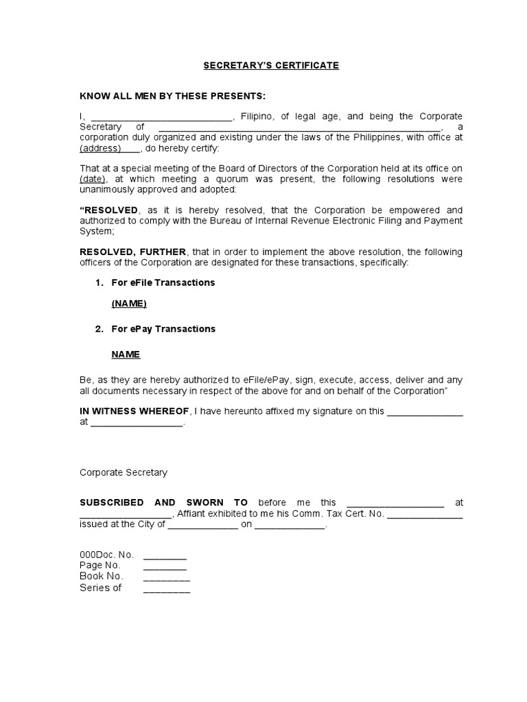 Secretarys Certificate of Authorization | PDF