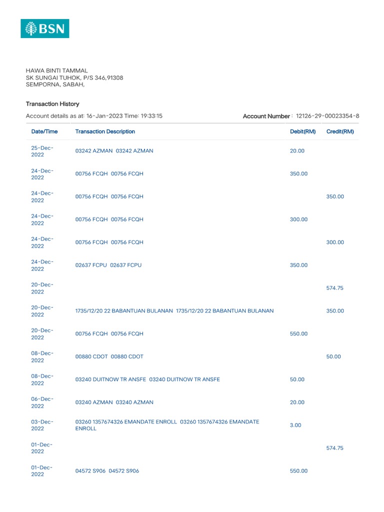 MyBSN - Transaction History - Bank Simpanan Nasional | PDF