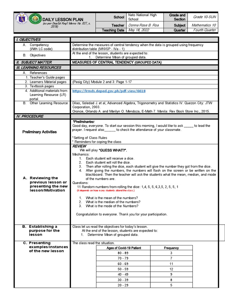 Donna - DAILY LESSON PLAN | PDF | Median | Mean