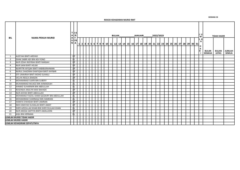 Template Rekod Kehadiran Murid RMT | PDF