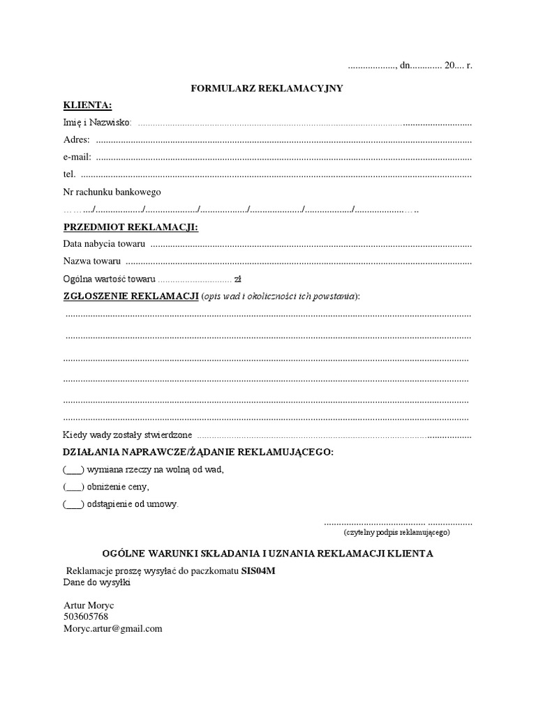Formularz Reklamacyjny | PDF