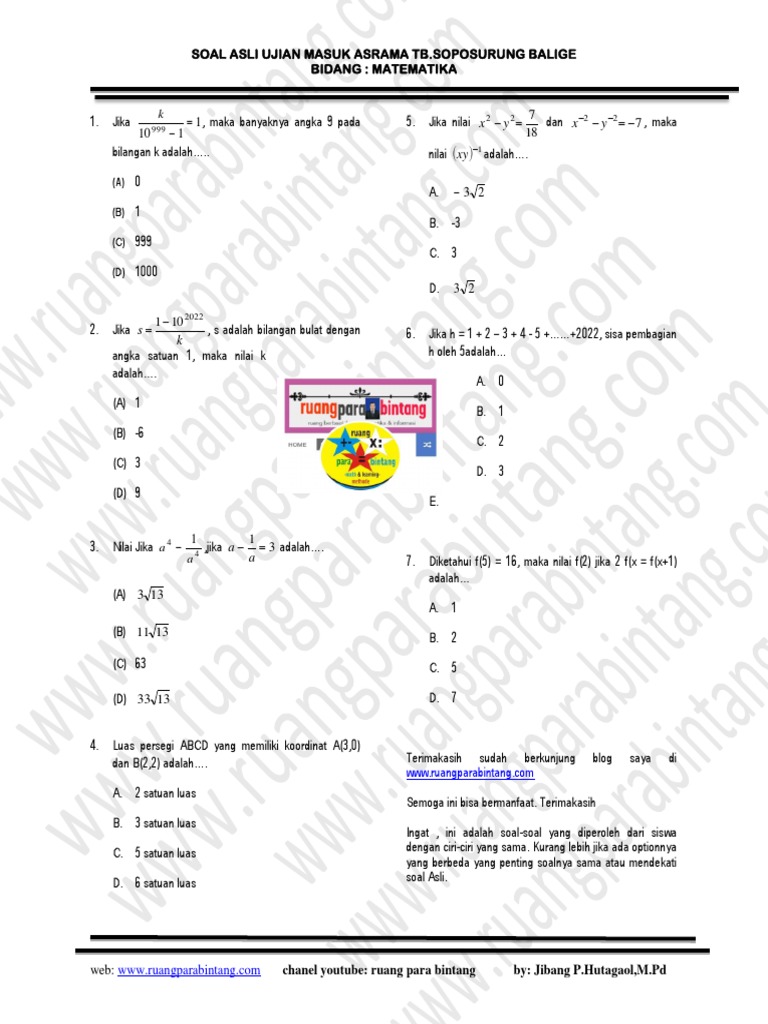 Soal Masuk Asrama TB Soposurung | PDF