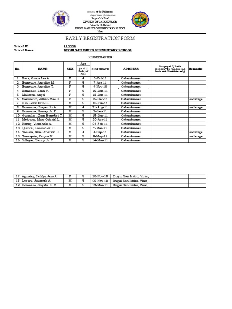 Early Registration Form for Kindergarten and Grades 1-2 | PDF | Public ...