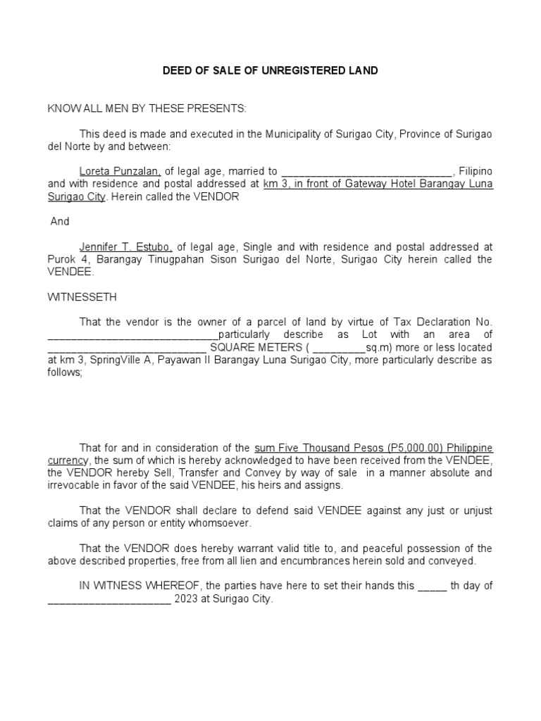 Deed of Sale of Unregistered Land | PDF Deed of Sale of Unregistered Land | PDF