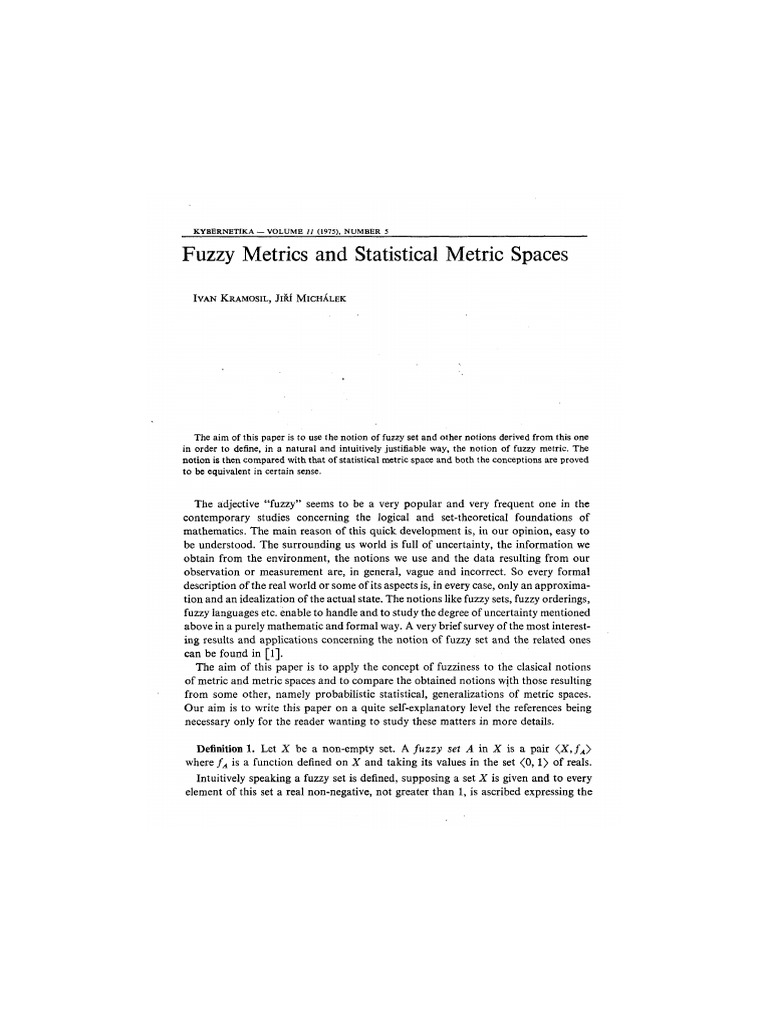 Fuzzy Metrics and Statistical Metric Spaces | PDF | Fuzzy Logic | Metric (Mathematics)