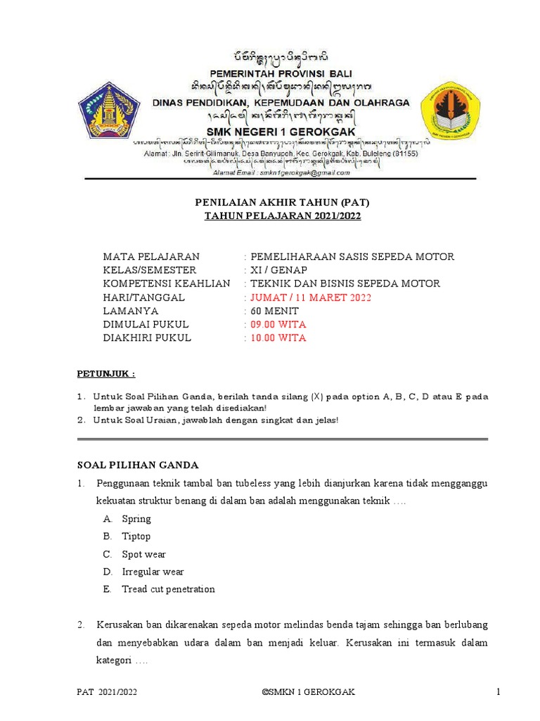 Soal Pat 2021-2022 Pemeliharaan Sasis Sepeda Motor Kelas Xi TBSM Genap | PDF
