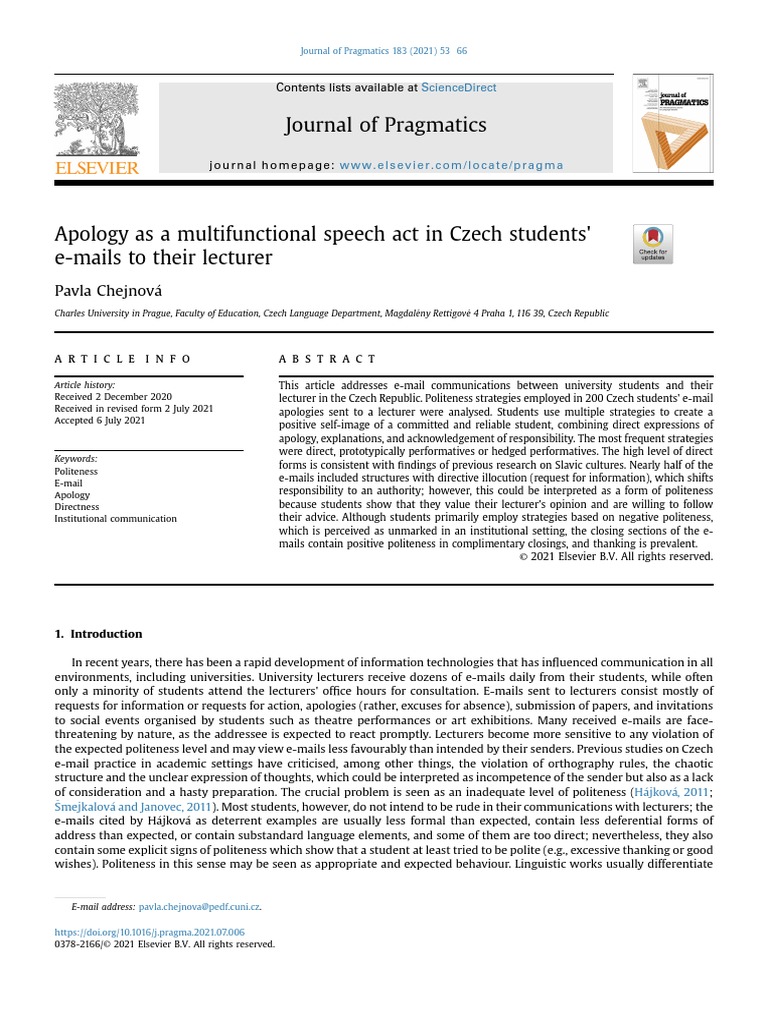 Apology As A Multifunctional Speech Act in Czech Students' | PDF ...