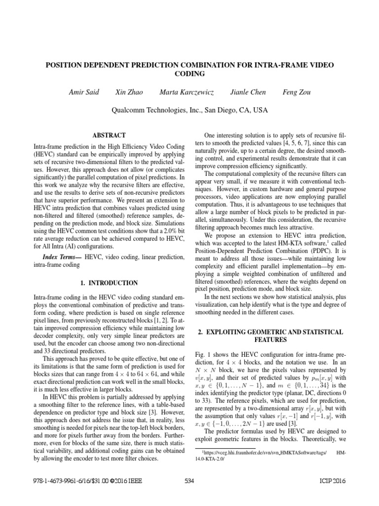 Position Dependent Prediction Combination For Intra-Frame Video | PDF | Matrix (Mathematics ...