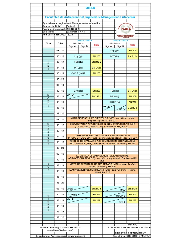 Orar - Faima - An4 - Sem1 - An - Univ - 2022 - 2023 2 | PDF