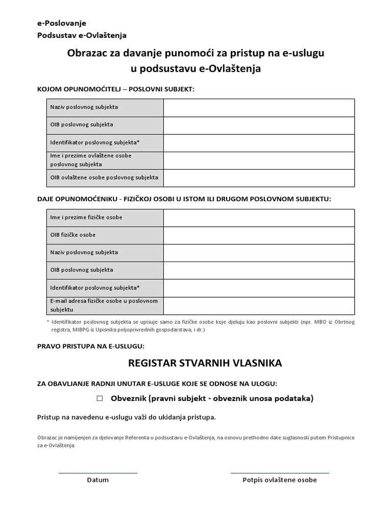 Obrazac Za Davanje Punomoći u Sustavu E-Ovlaštenja Za Pristup Na E ... Obrazac Za Davanje Punomoći u Sustavu E-Ovlaštenja Za Pristup Na E ...