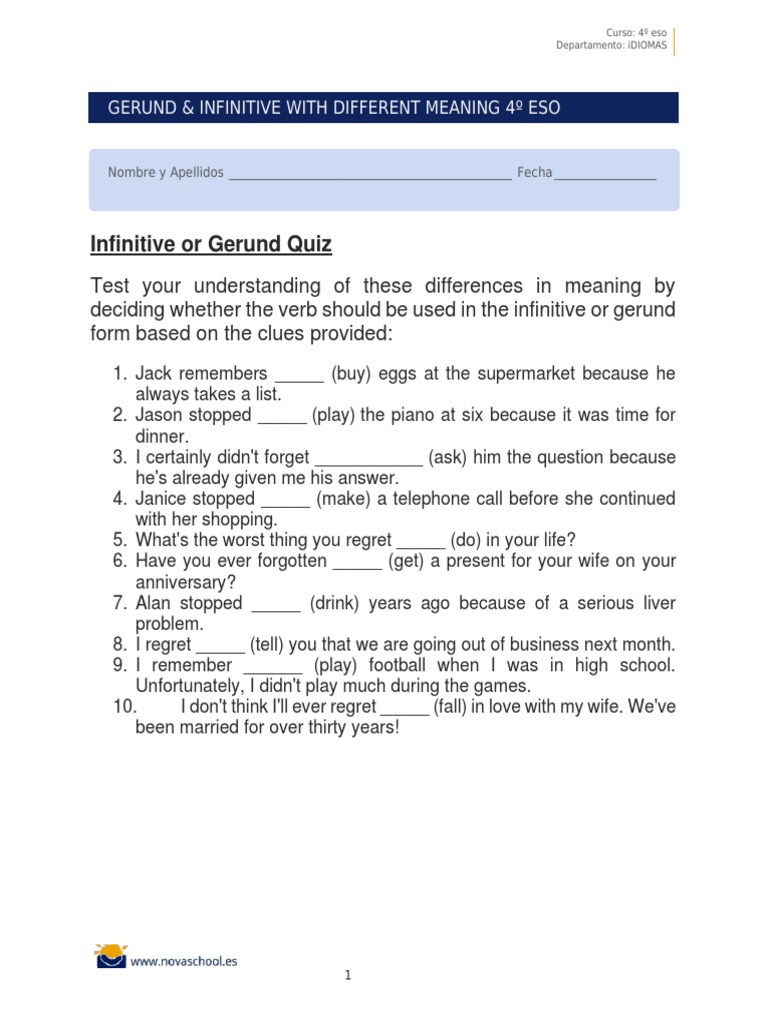 Gerund and Infinitive With Different Meaning 4 Eso Activities | PDF