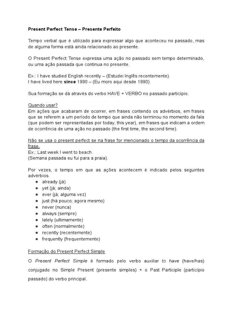 Revisão - Present Perfect Tense - Presente Perfeito | PDF | Assunto ...