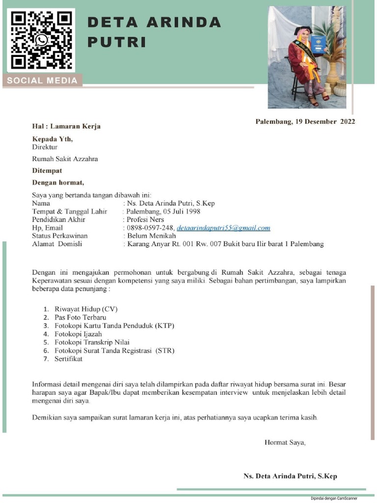 Lamaran Kerja Ns - Deta Arinda Putri (Perawat) - 1 | PDF