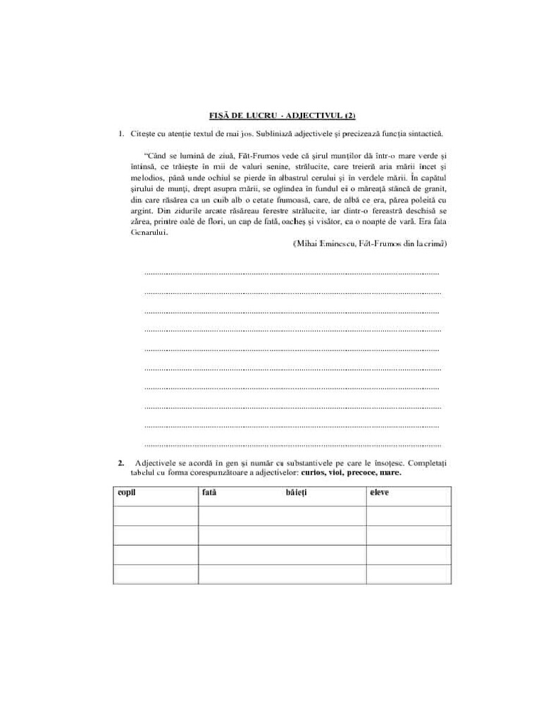 Adjectivul-Fișe de Lucru Cls VI | PDF