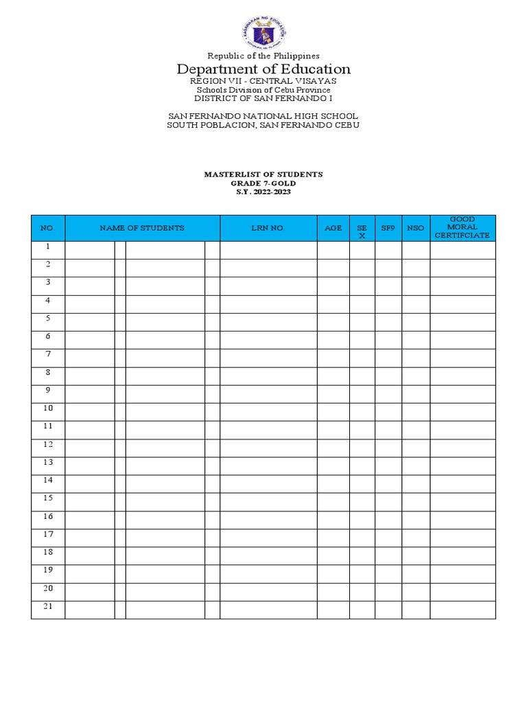 SFNHS - Masterlist of Students Template - SY 2022 2023 | PDF
