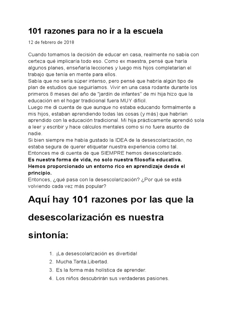101 Razones para No Ir A La Escuela | PDF | Aprendizaje | Plan de estudios 101 Razones para No Ir A La Escuela | PDF | Aprendizaje | Plan de estudios