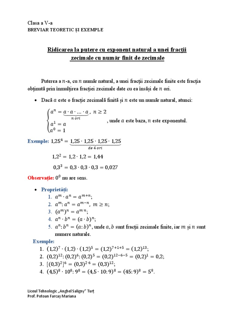 Ridicarea La Putere A Fractiilor Zecimale | PDF