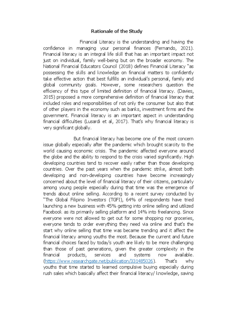 Rationale of The Study | PDF | Financial Literacy | Literacy