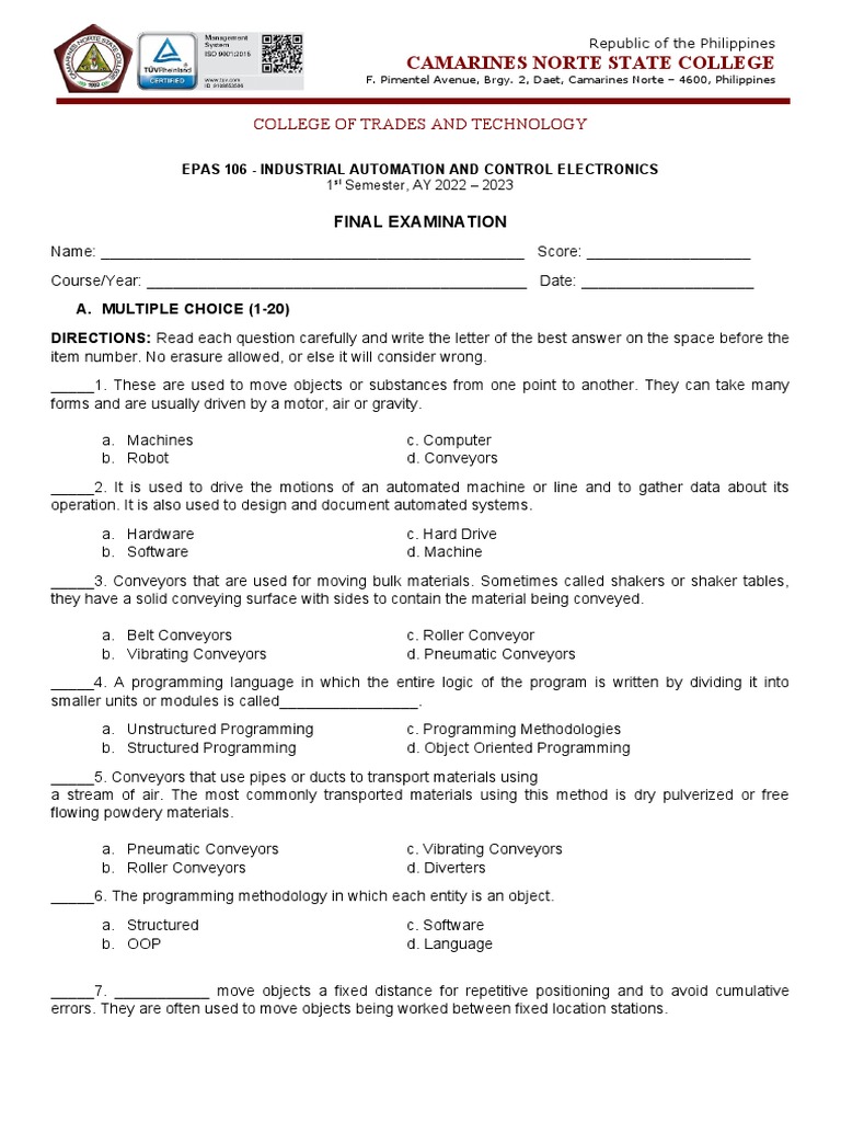 Epas 106 Industrial Automation Final Examination | PDF | Databases | Computer Programming