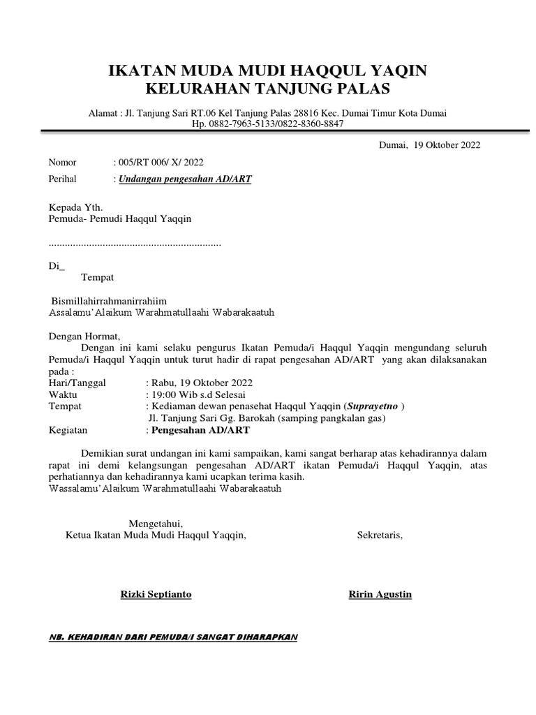 Ikatan Muda Mudi Haqqul Yaqin Undangan Rapat Pengesahan AD/ART | PDF