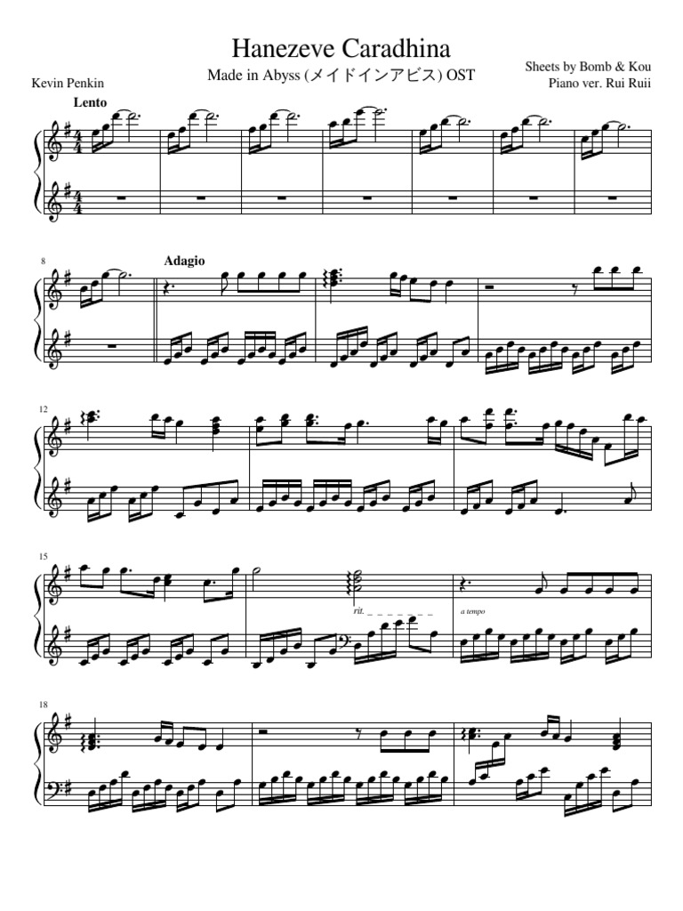 Hanezeve Caradhina - Made in Abyss EP 1 Insert ED Rui Ruii The Seal Pianist Full Sheets | PDF