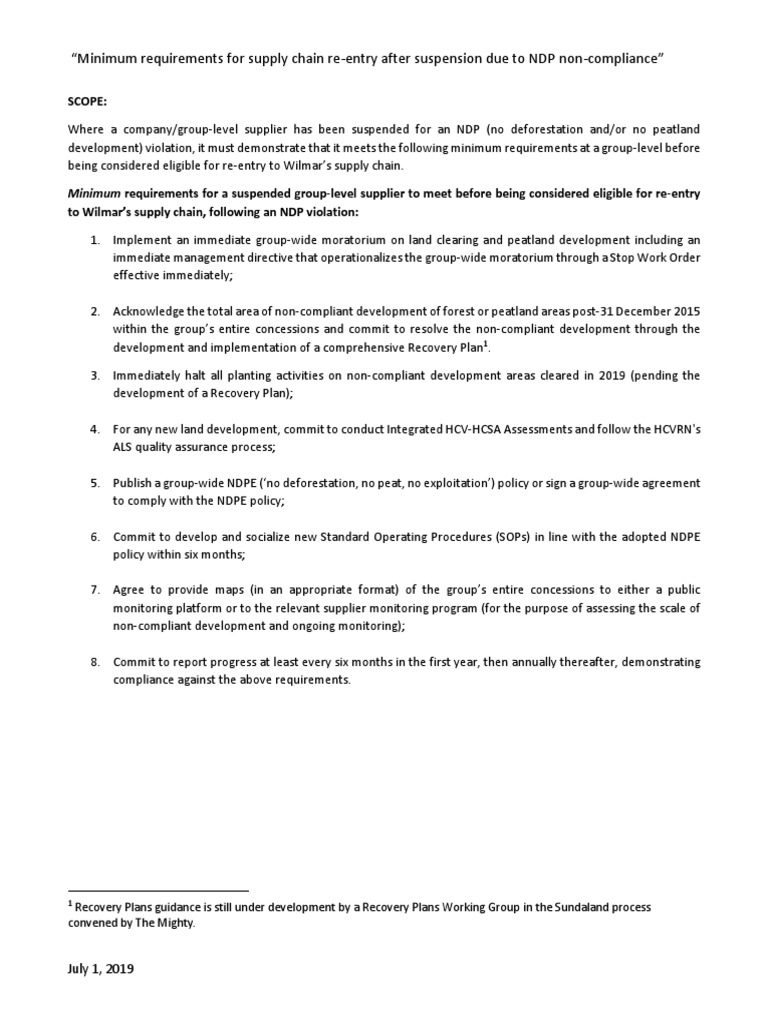 Supply Chain Re-entry Criteria for Wilmar | PDF