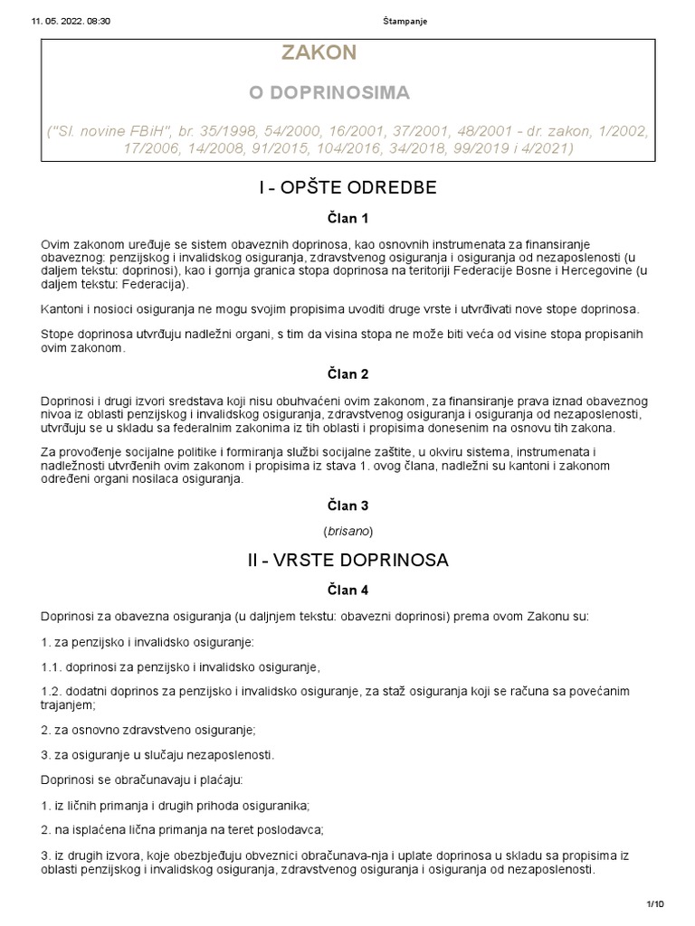 Zakon o Doprinosima FBiH 2022 | PDF