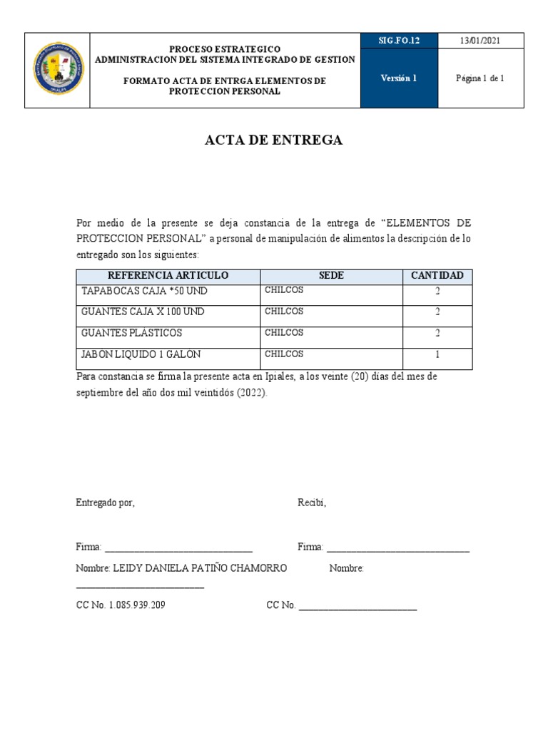 ACTA DE ENTREGA Epp | PDF