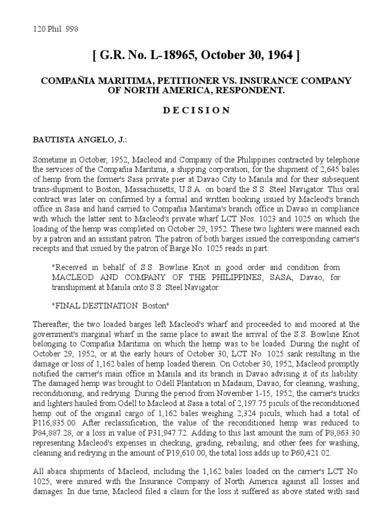 Compañia Maritima vs. Insurance Company of North America, 12 SCRA 213 ...