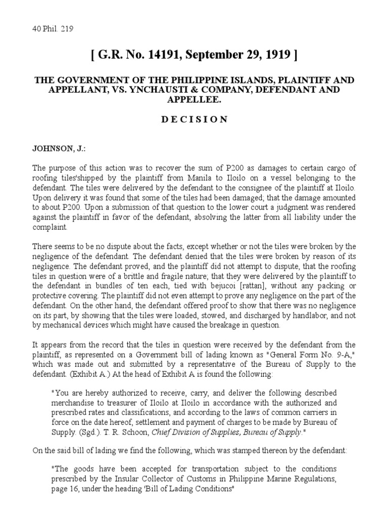 Government of The Philippine Islands vs. Ynchausti & Co., 40 Phil. 219 ...