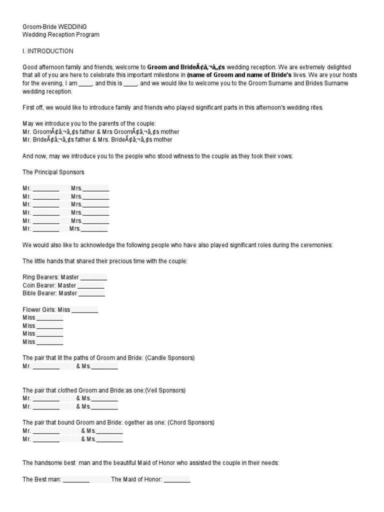 Wedding Reception Emcee Sccript | PDF | Wedding | Bride