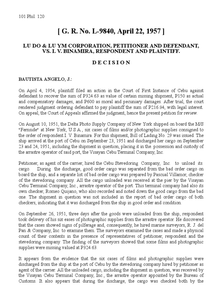Lu Do & Lu Ym Corp. vs. Binamira, 101 Phil. 120, No. L-9840 April 22 ...