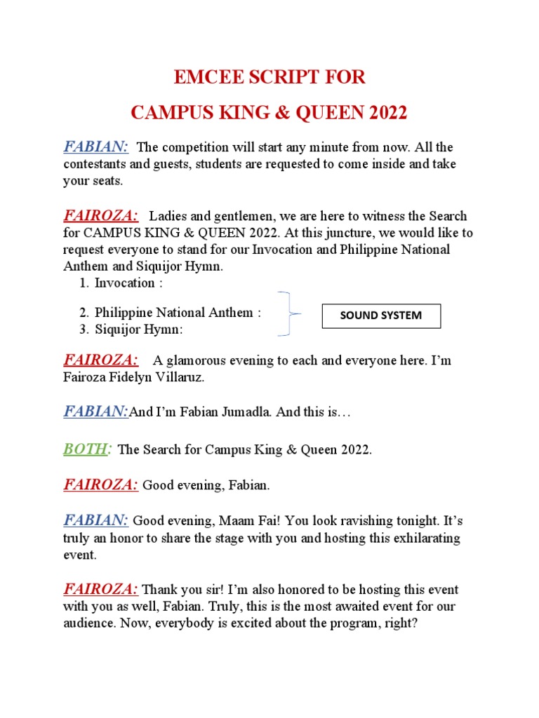 Campus King & Queen 2022 Script | PDF