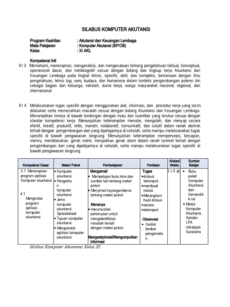 Silabus Komputer Akuntansi Kelas XI | PDF