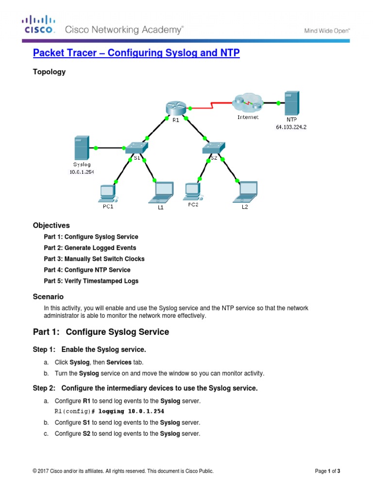 10.2.3.5 Packet Tracer - Configuring Syslog and NTP Instructions | PDF ...