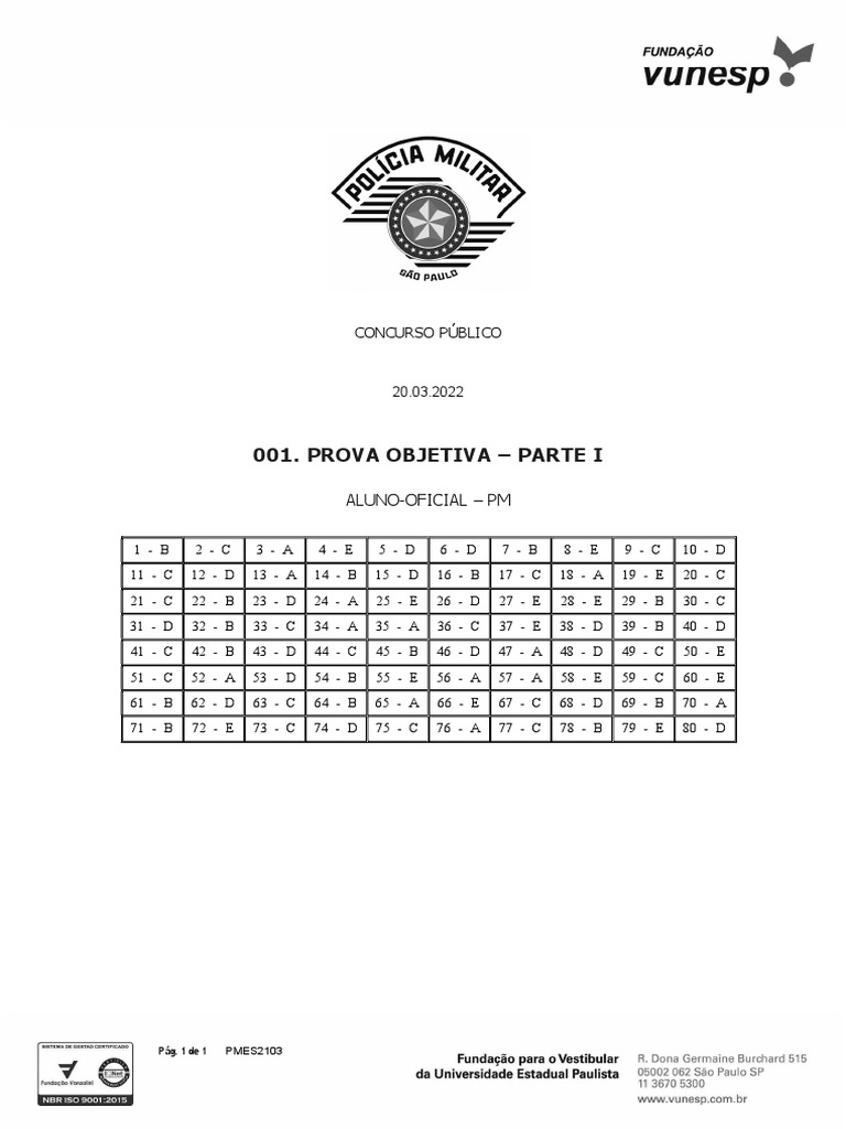 Vunesp 2022 PM SP Aluno Oficial PM Gabarito | PDF